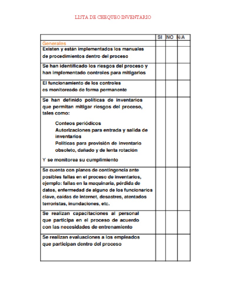Lista de Chequeo Inventario | PDF