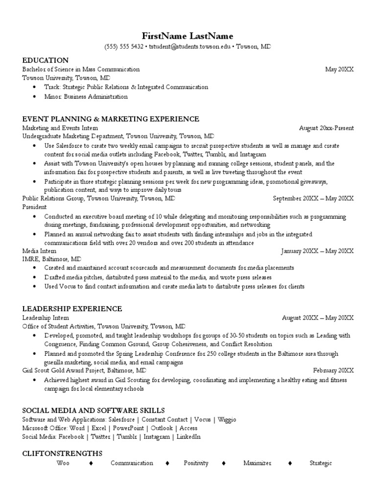 Sample Resume Mass Communication Public Relations | PDF | Public ...