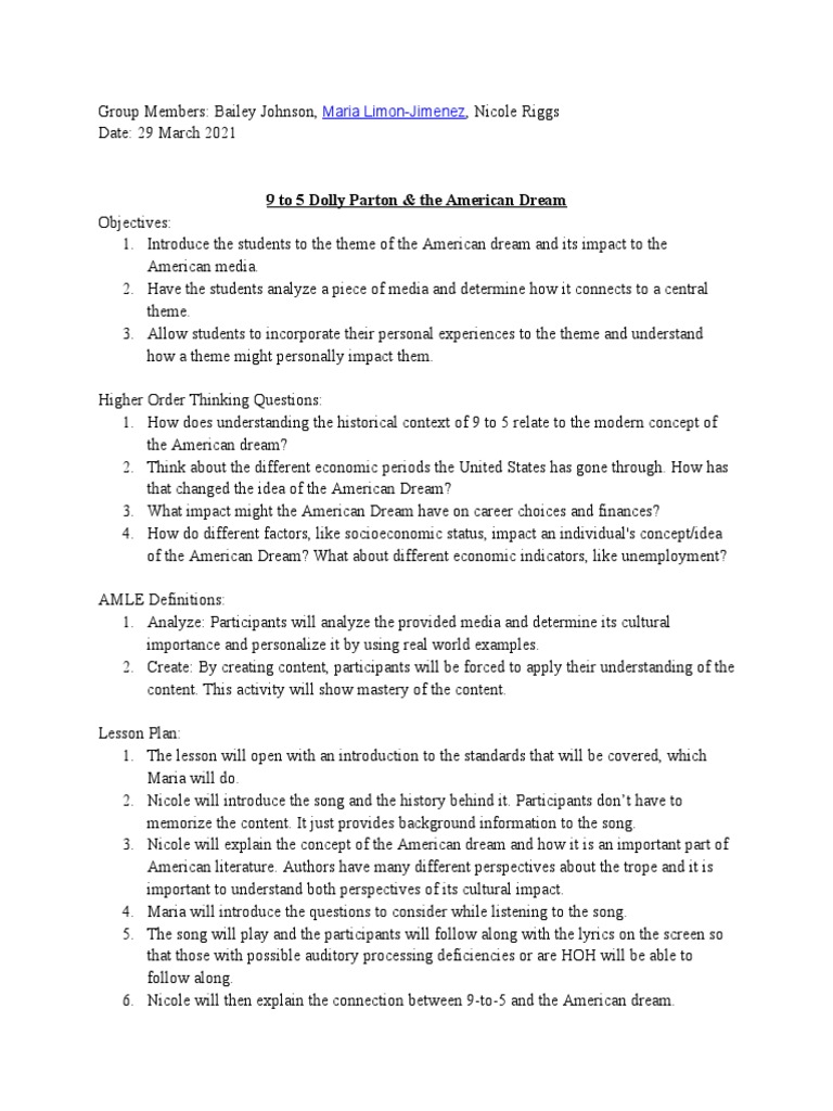 9 To 5 and The American Dream Lesson | PDF | American Dream | Concept