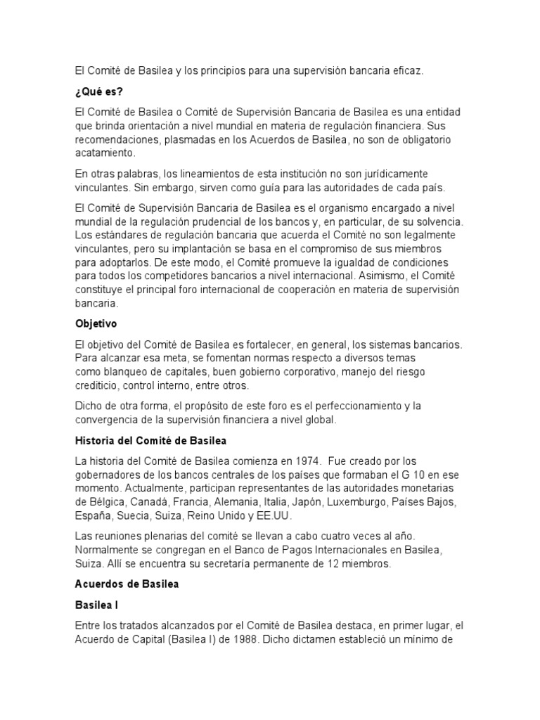 El Comité de Basilea y Los Principios para Una Supervisión Bancaria ...