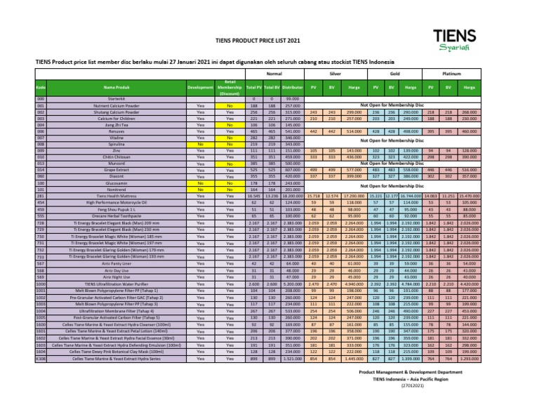 TIENS Product Price List 2021 - Silver, Gold and Platinum Membership ...