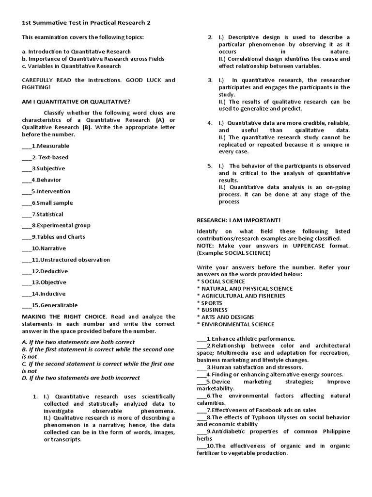 1st Summative Test in Practical Research 2: Am I Quantitative or ...
