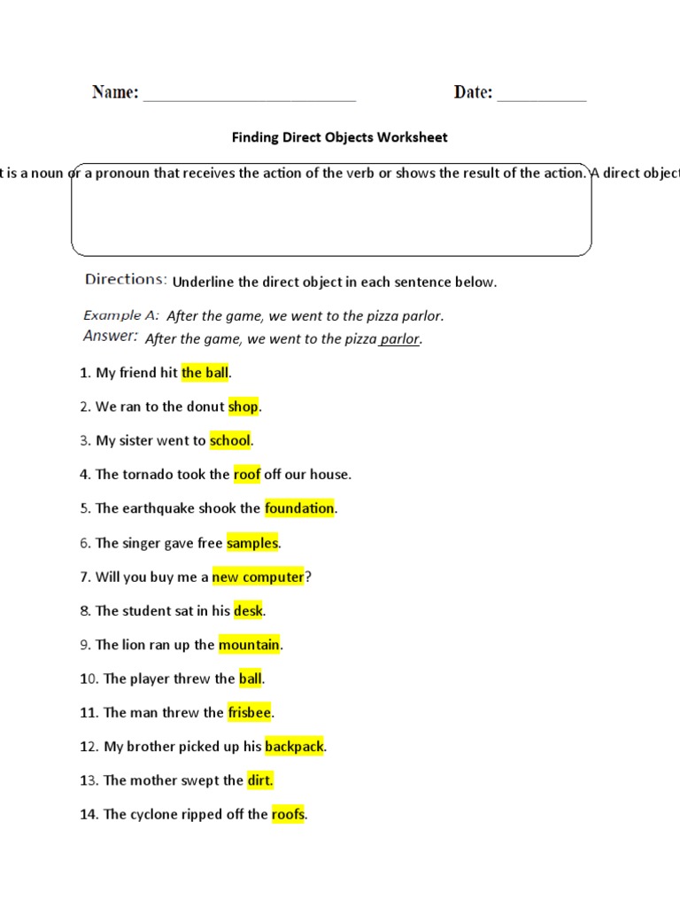 Finding Direct Objects Worksheet | PDF | Language Arts & Discipline