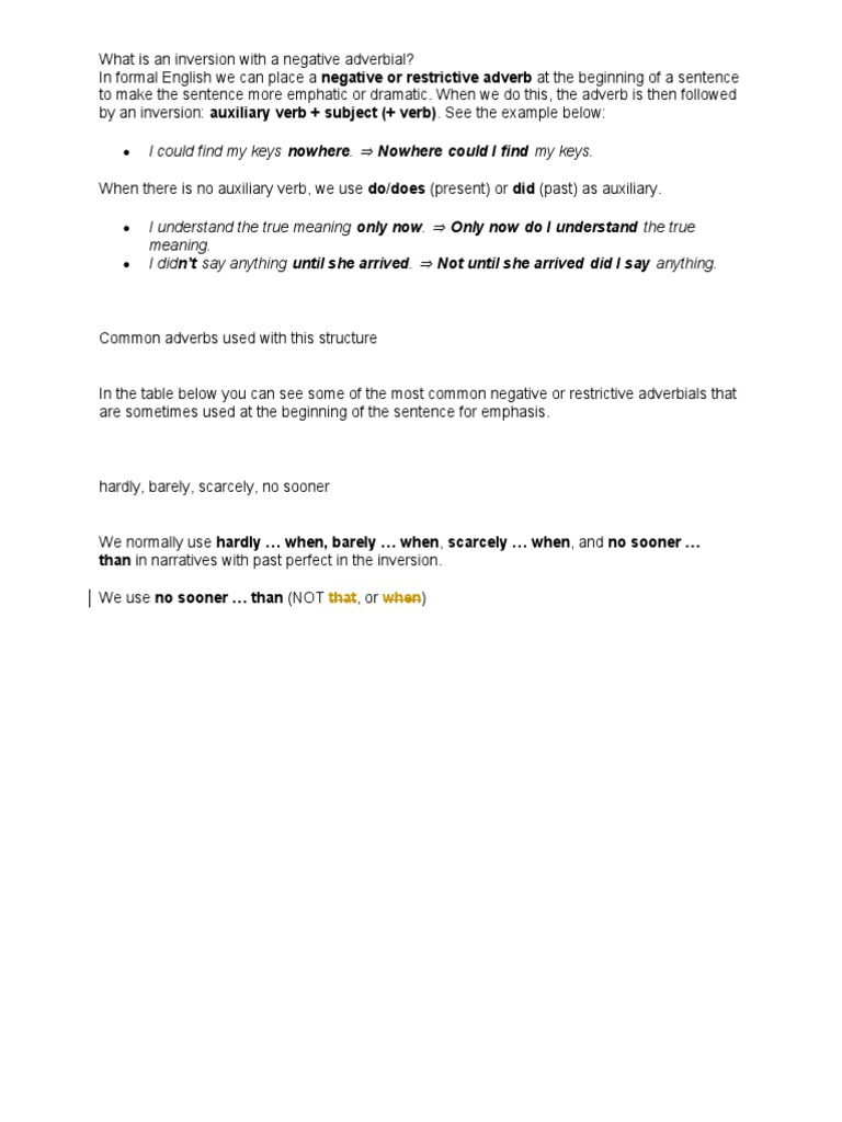 Negative Adverbial Inversion Explained | PDF | Verb | Adverb