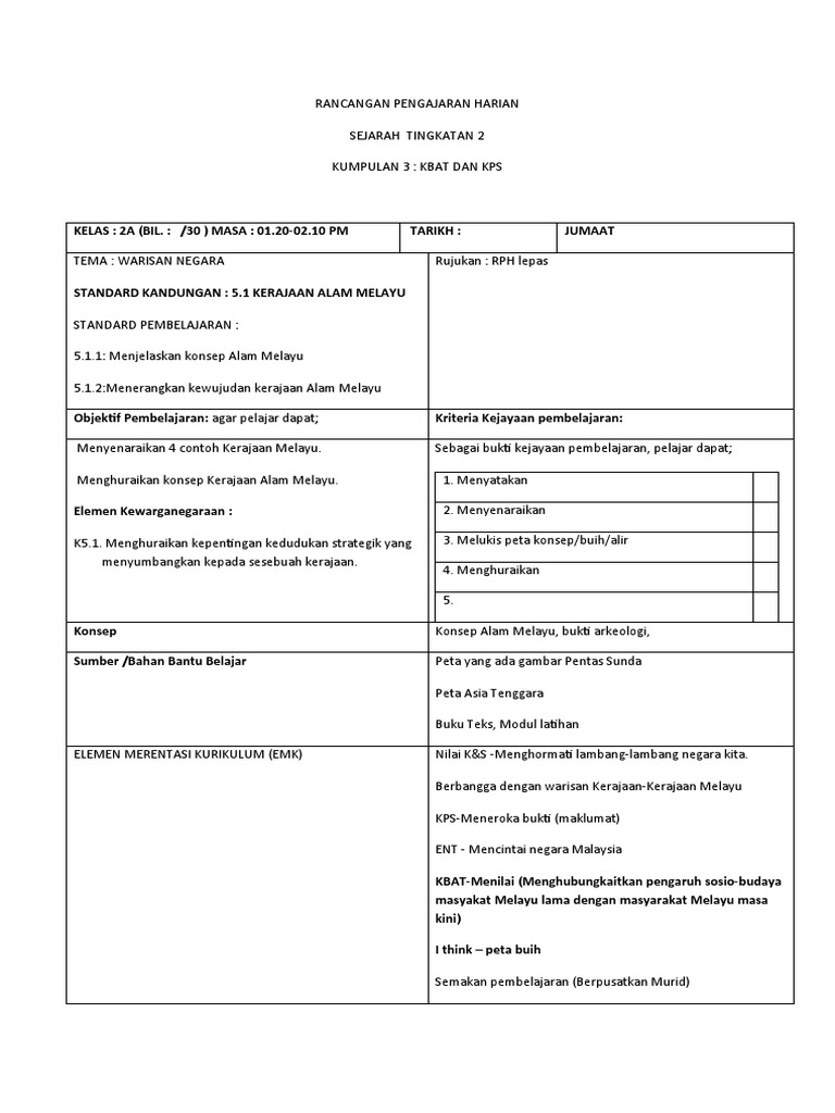 Contoh RPH Kbat & KPS Kuch 1 | PDF