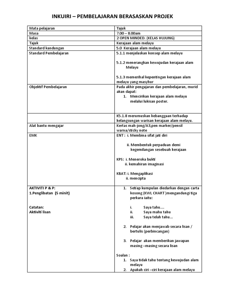 Contoh RPH Inkuri Projek f2 | PDF