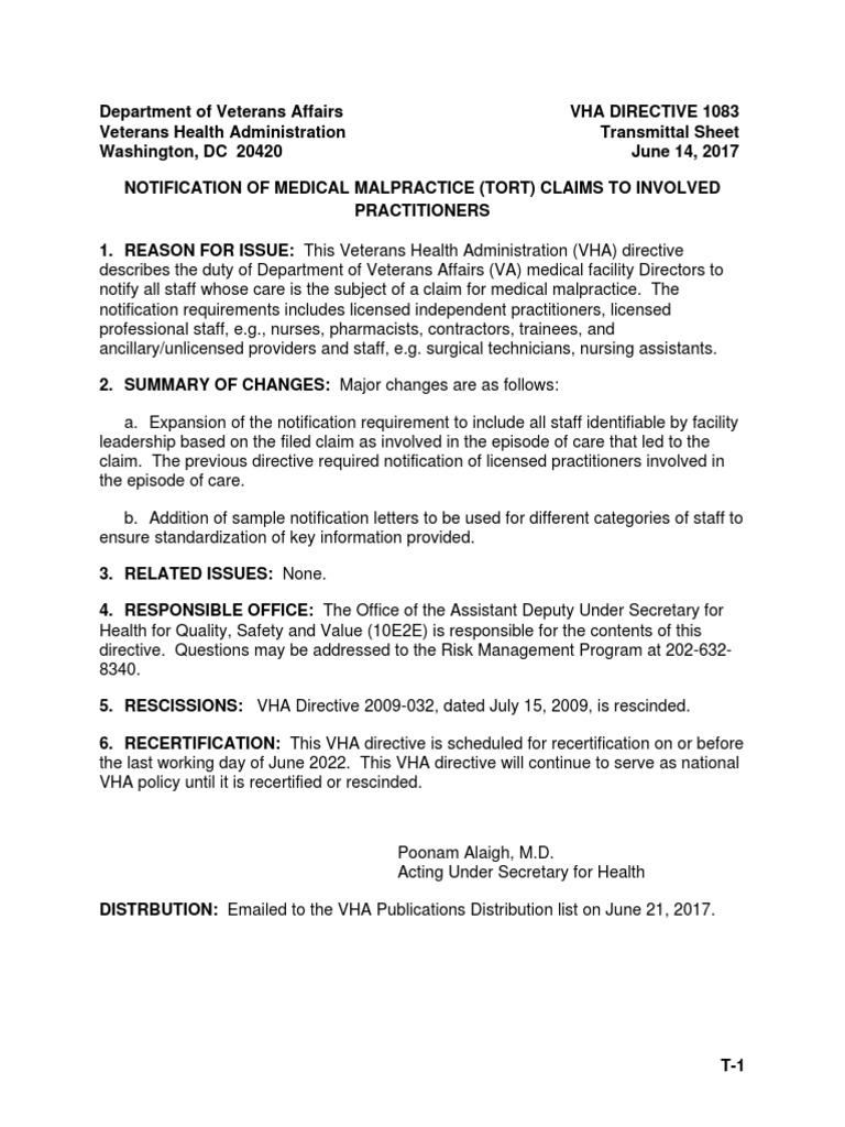 VHA Directive 1083 Notification of Med Malpractice Tort Claims To ...