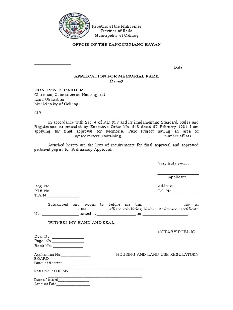 Memorial Park Application Form | PDF