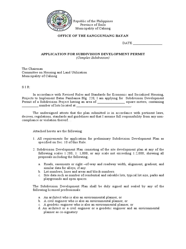 Application For Sub. Dev. Permit (Complex Sub. Batas Pambansa Bldg. 220 ...