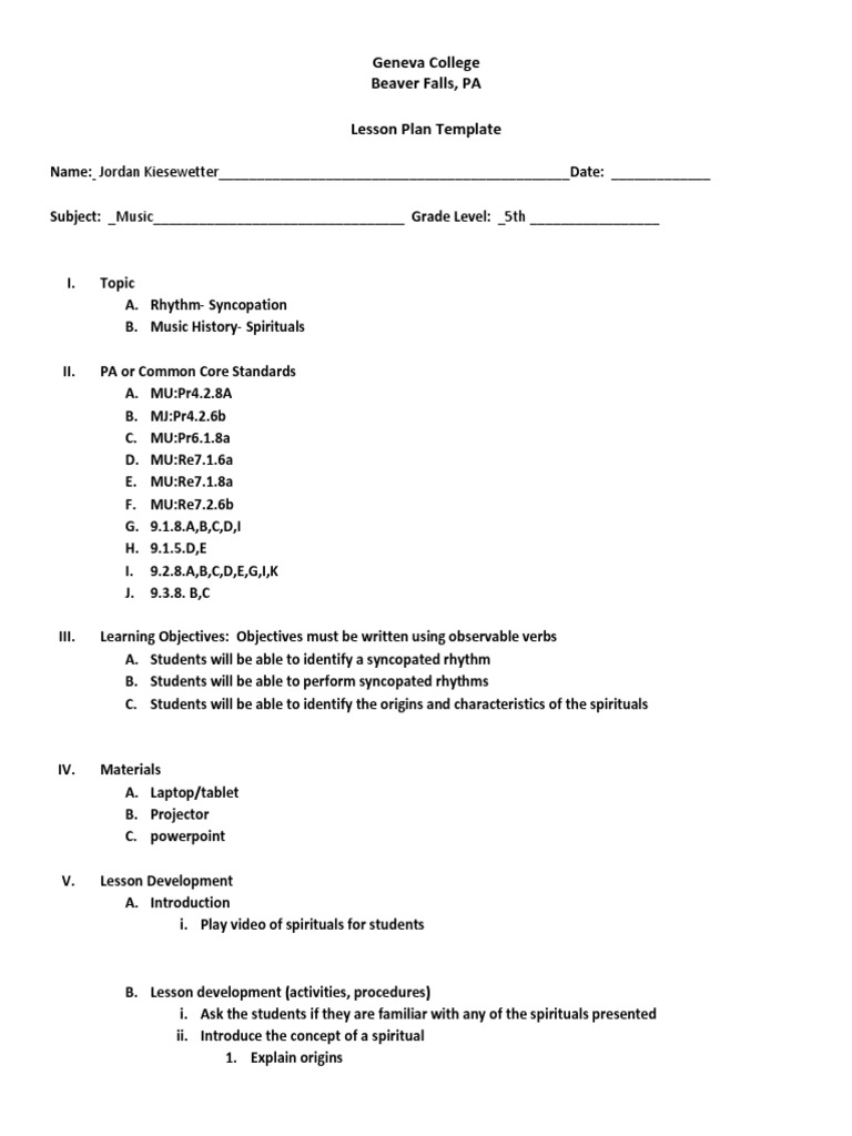 Geneva College Beaver Falls, PA Lesson Plan Template | PDF | Rhythm ...