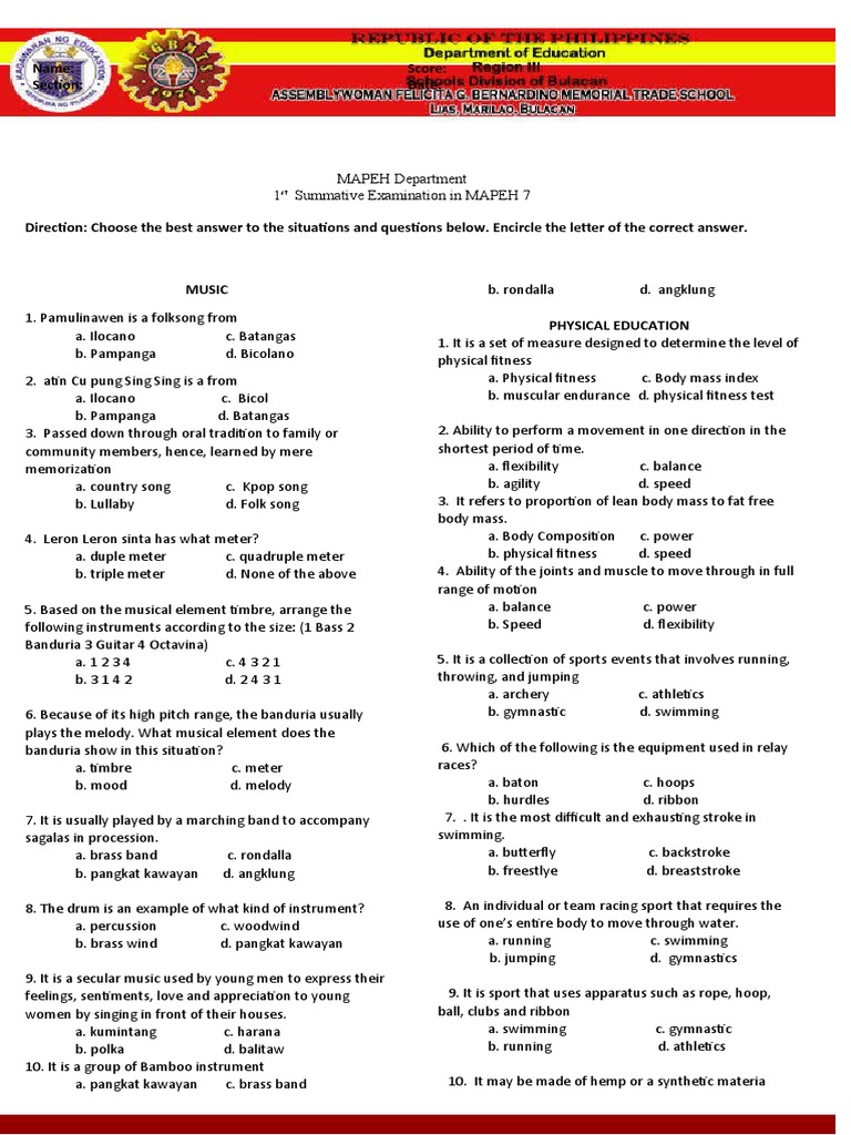 Grade 7 Summative Test | PDF | Flexibility (Anatomy) | Swimming (Sport)