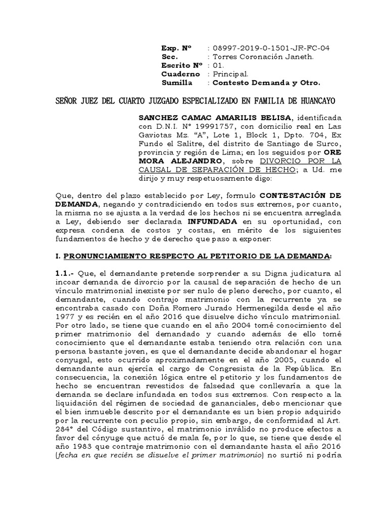 Absolucion de Demanda de Divorcio Por Causal de Separación de Hecho | PDF | Divorcio | Propiedad ...