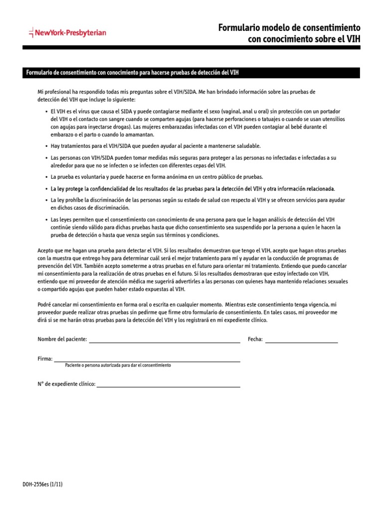 Doh-2556 HIV Consent Form Spanish NYP | Descargar gratis PDF | VIH ...