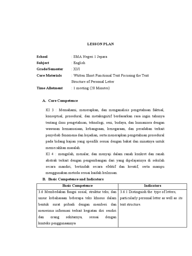 Lesson Plan English Xi Personal Letter | PDF
