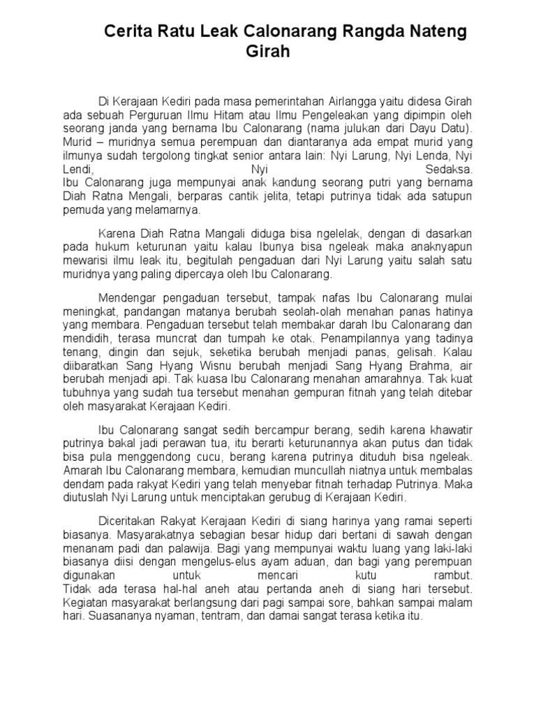 Cerita Ratu Leak Calonarang Rangda Nateng Girah | PDF