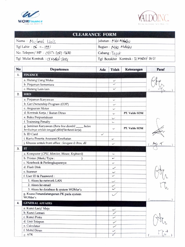Clearance Sheet Michael Niels | PDF | Pengelolaan Keuangan & Uang