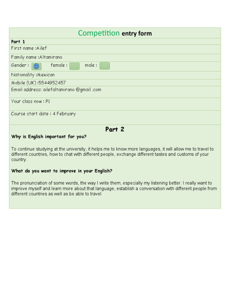 English Learning Competition Entry Form | PDF | Wellness