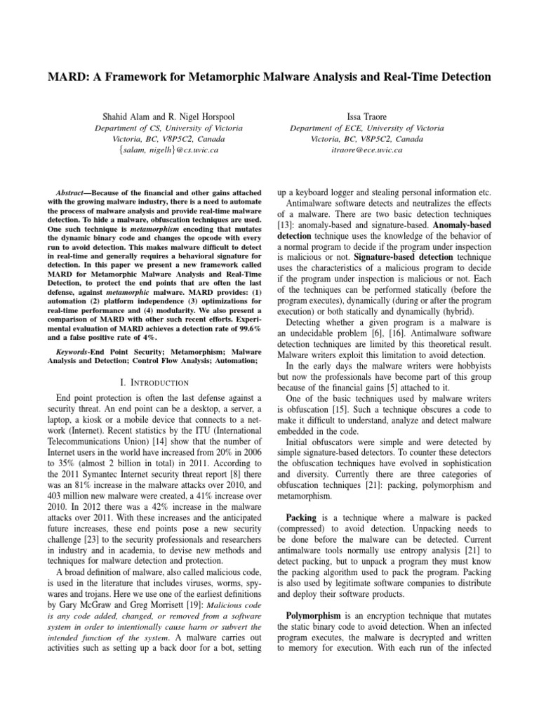 MARD - A Framework For Metamorphic Malware Analysis and Real-Time Detection Shahid Alam A | PDF ...