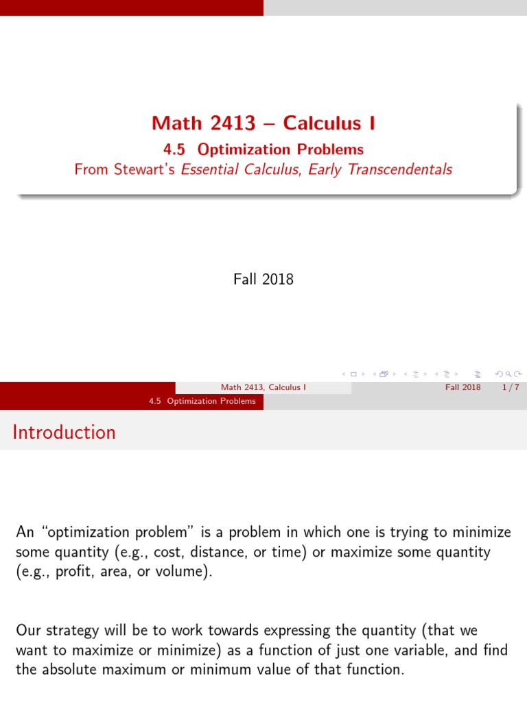 Math 2413 Calculus I 4 5 Optimization Problems From Stewarts