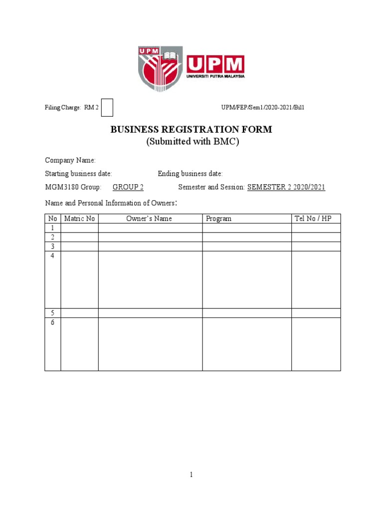 Business Registration Form: (Submitted With BMC) | PDF
