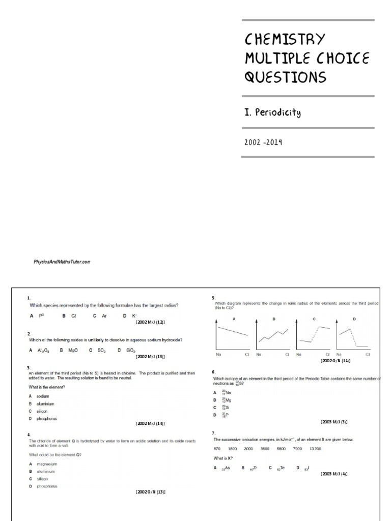 Chemistry Multiple Choice Questions: I. Periodicity | PDF