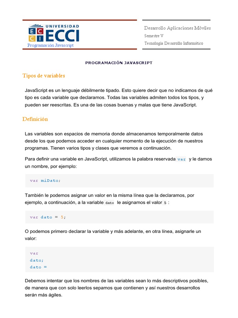 Variables, Operadores y Controladores en Javascript | PDF | Variable (informática) | Lenguaje de ...