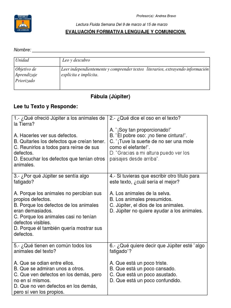 EV. FORMATIVA Fábula Júpiter | PDF