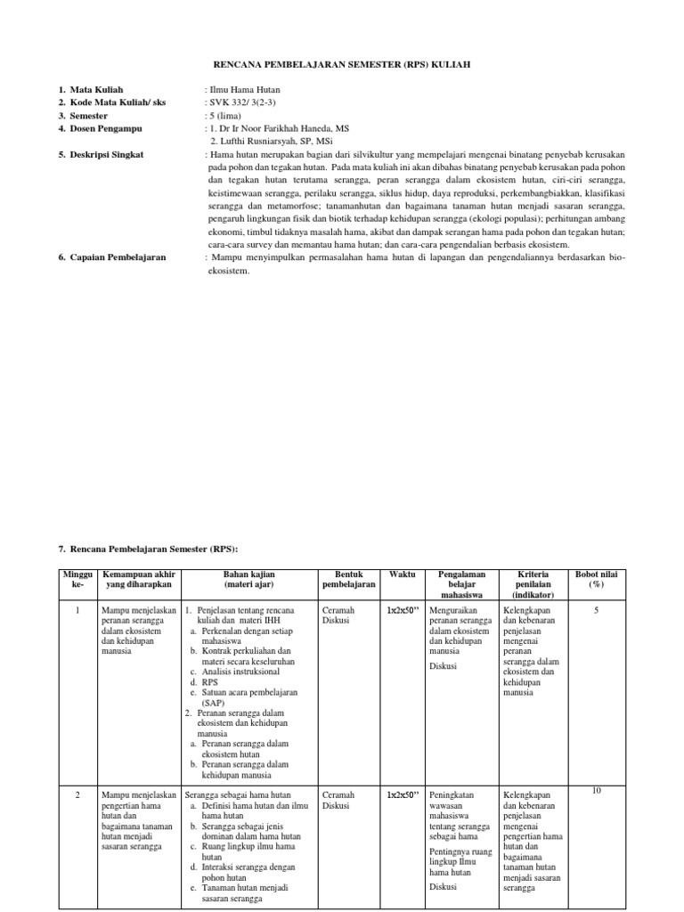 Contoh RPS Ilmu Hama Hutan | PDF