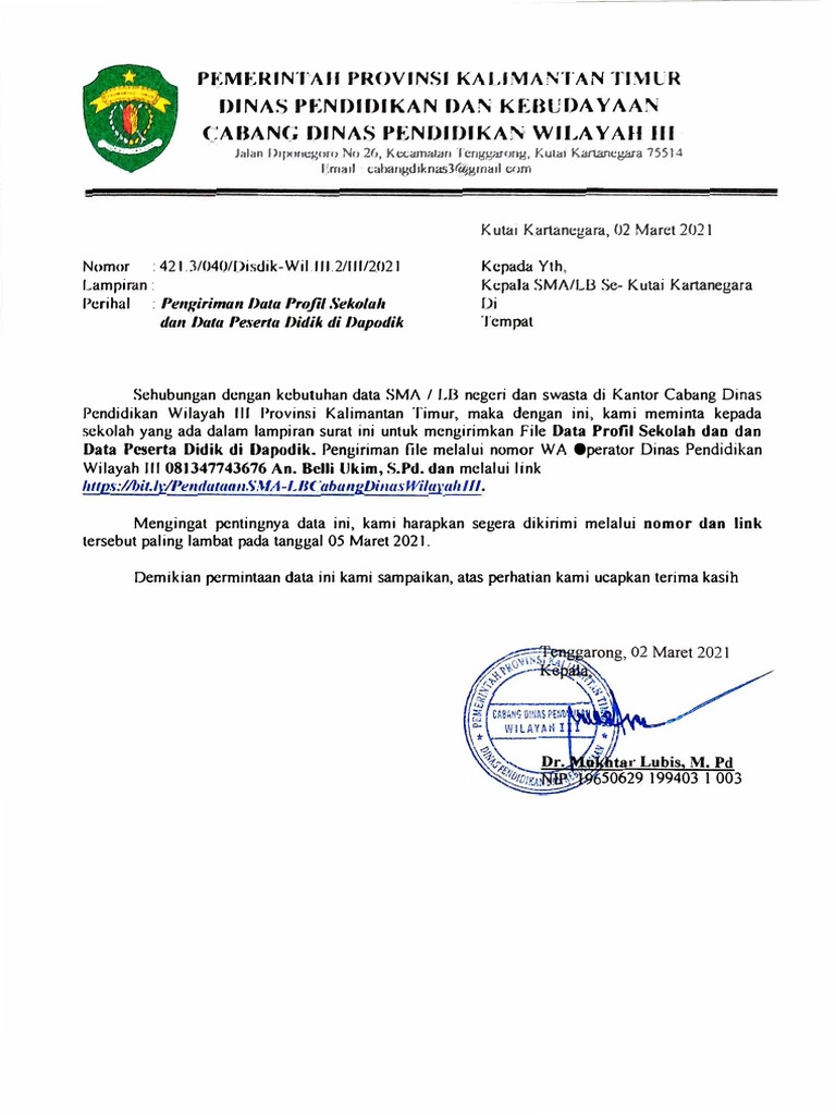 Surat Permintaan Data Profil Dan PD Pada Dapodik | PDF
