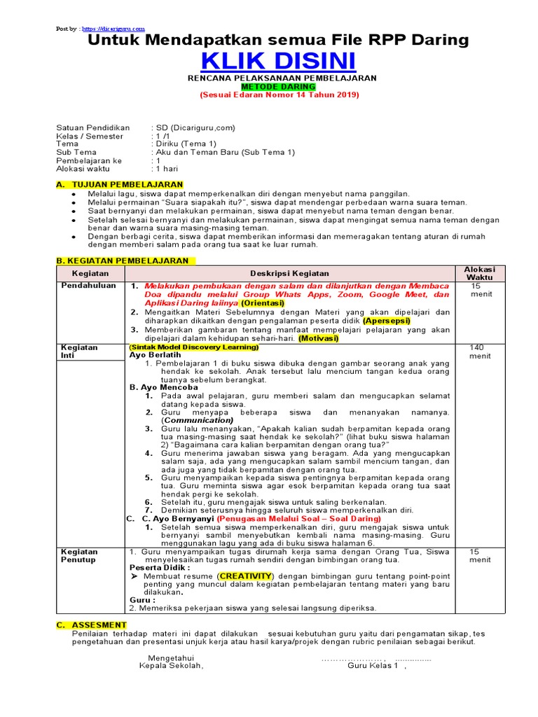 Contoh Format RPP Daring Tema 1 Subtema 1 PB 1 | PDF | Karier & Perkembangan