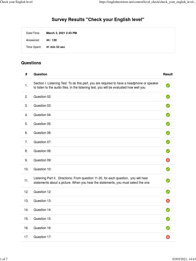Survey Results "Check Your English Level": Questions | PDF | Question ...
