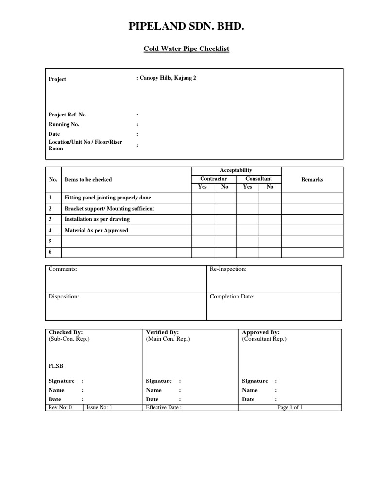 Format - Cold Water Pipe Checklist | PDF
