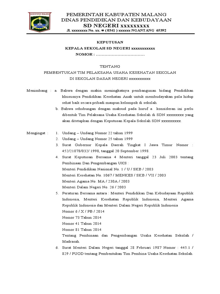 Contoh SK Tim Pelaksana Uks | PDF