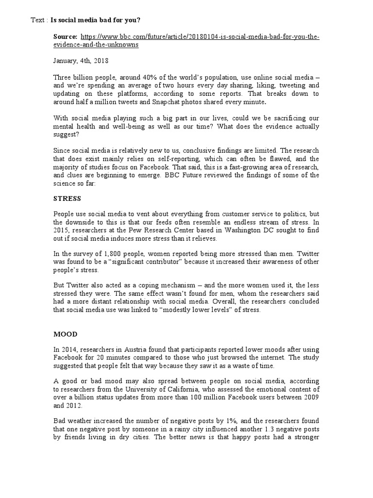English - Text - Is Social Media Bad For You | PDF | Mood (Psychology ...