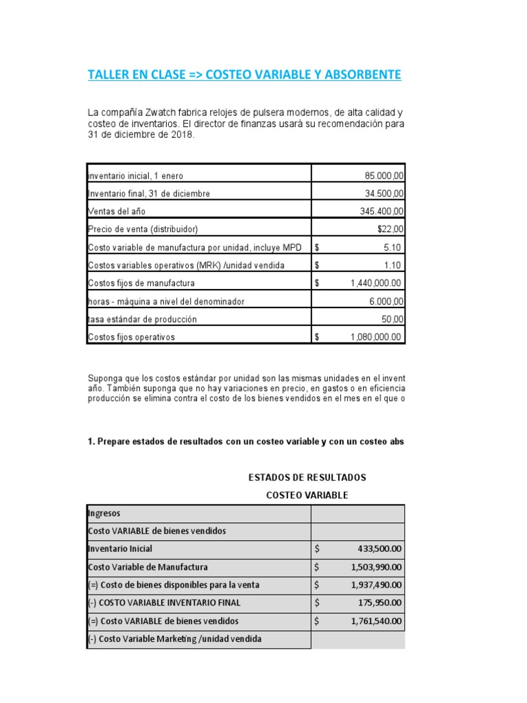 Taller en Clase Costeo Variable | PDF | Margen bruto | Negocios económicos