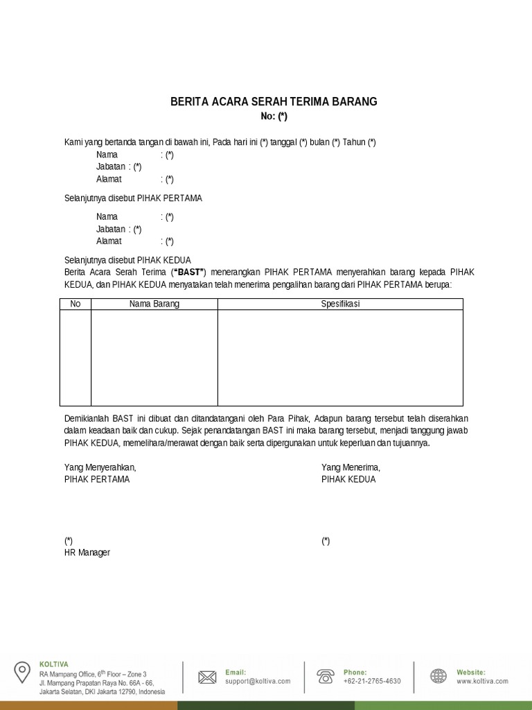 Draft Berita Acara Serah Terima (Non KOP Surat) | PDF