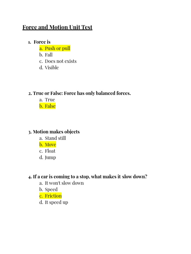 Force and Motion Unit Test Answer Key | PDF