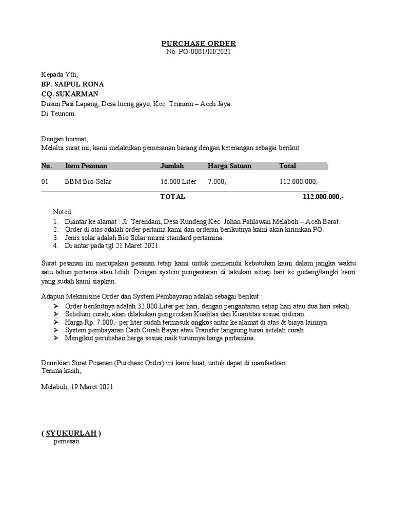 Contoh Purchase Order BBM Solar | PDF | Griya & Taman | Teknologi ...
