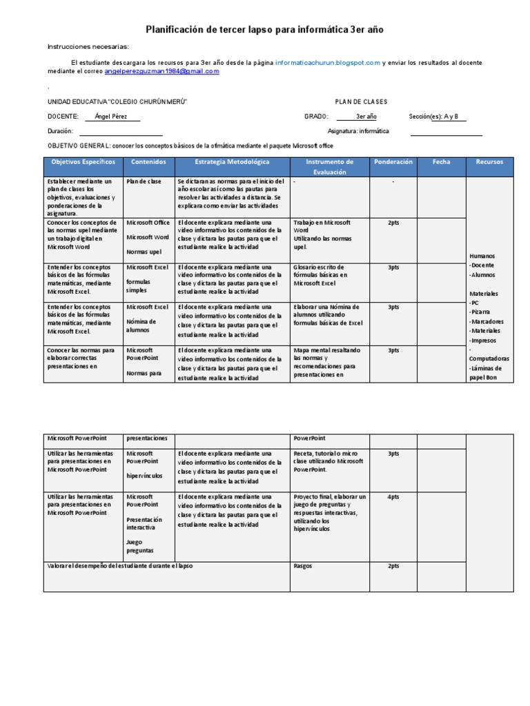 3er Lapso Plan de Clase y Evaluacion Informatica | PDF | Microsoft | Microsoft Excel