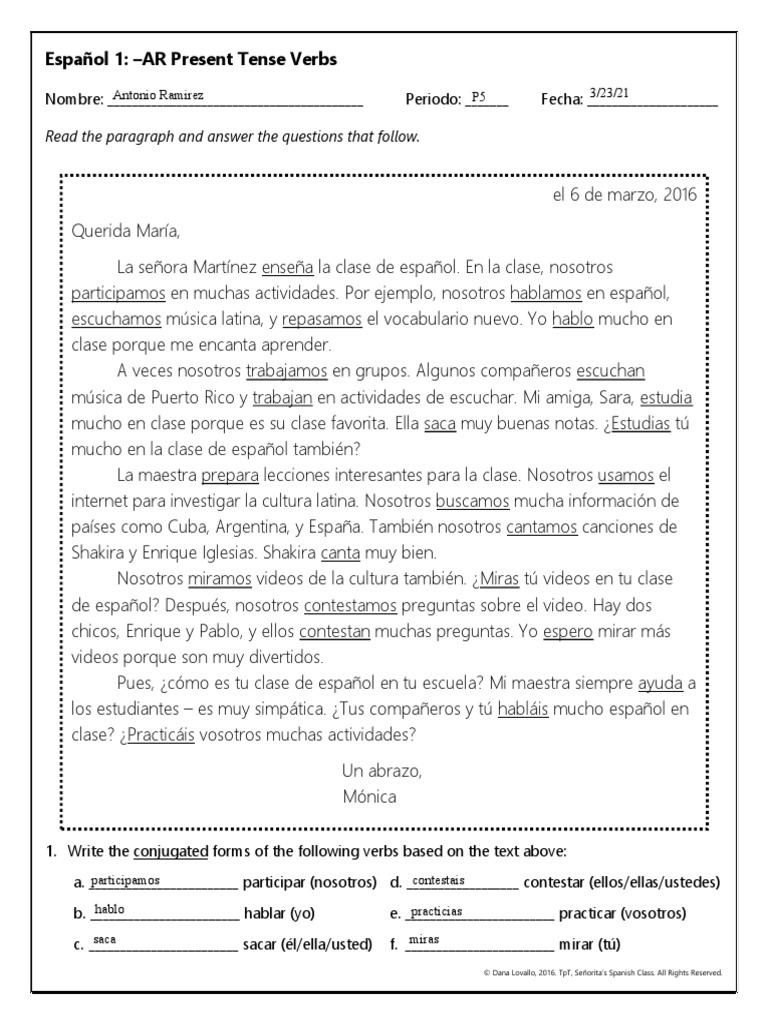 Kami Export - Antonio Ramirez - Repaso AR Verbs | PDF