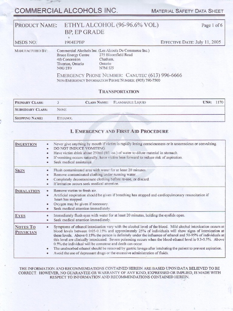 MSDS Alkohol 96% | PDF