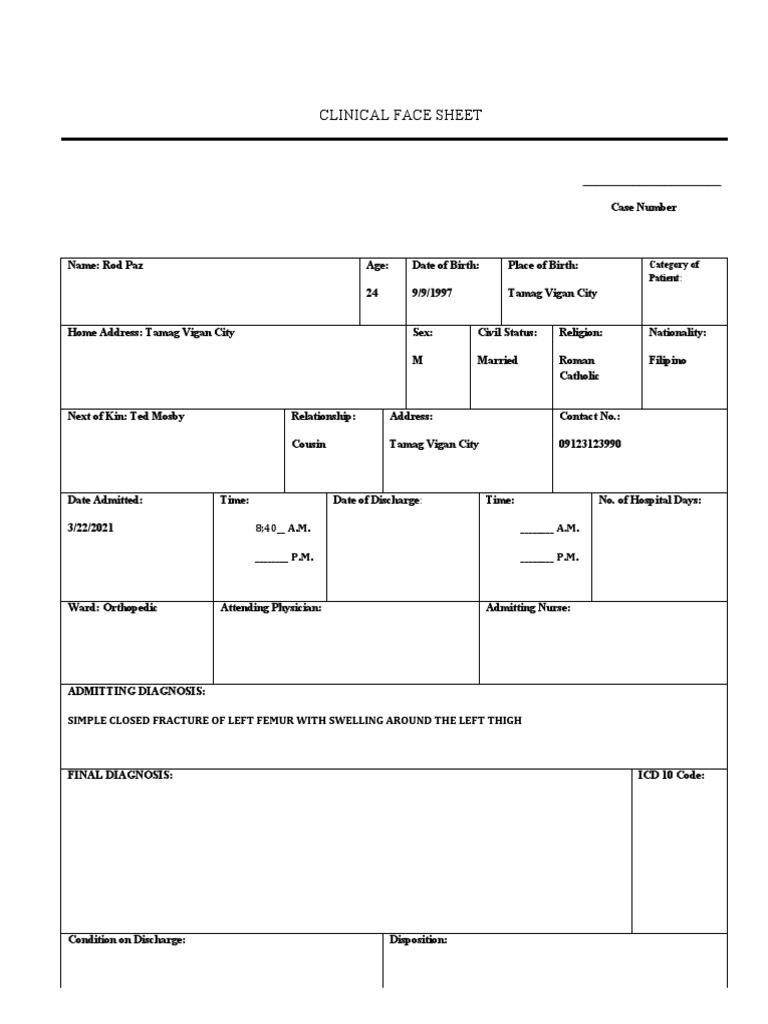 Clinical Face Sheet: 8 40 - A.M. - P.M. - A.M. - P.M | PDF | Surgery ...