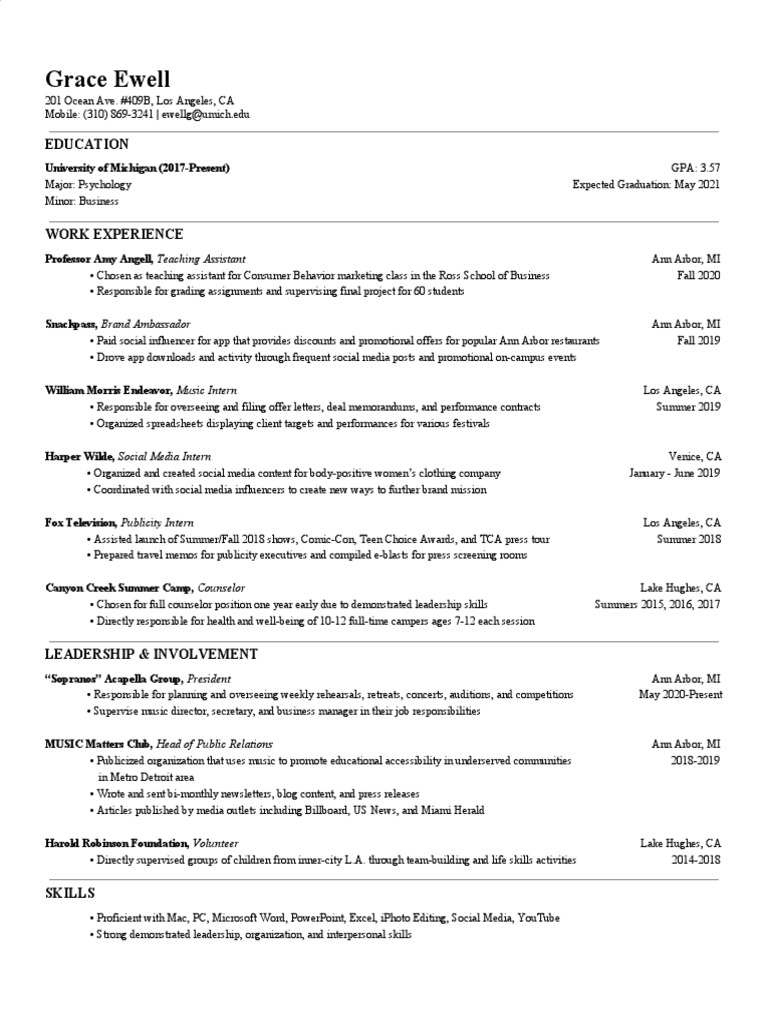 Grace Ewell Resume Updated | PDF | Social Media | Popular Culture ...