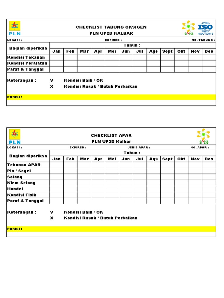 Checklist Pemeliharaan Tabung Oksigen APAR | PDF