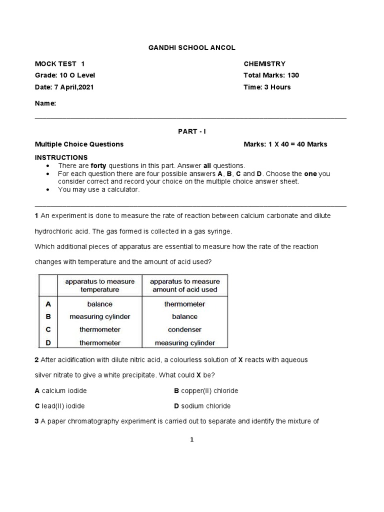 Grade 10 Chemistry Mock Test | PDF | Ion | Chlorine