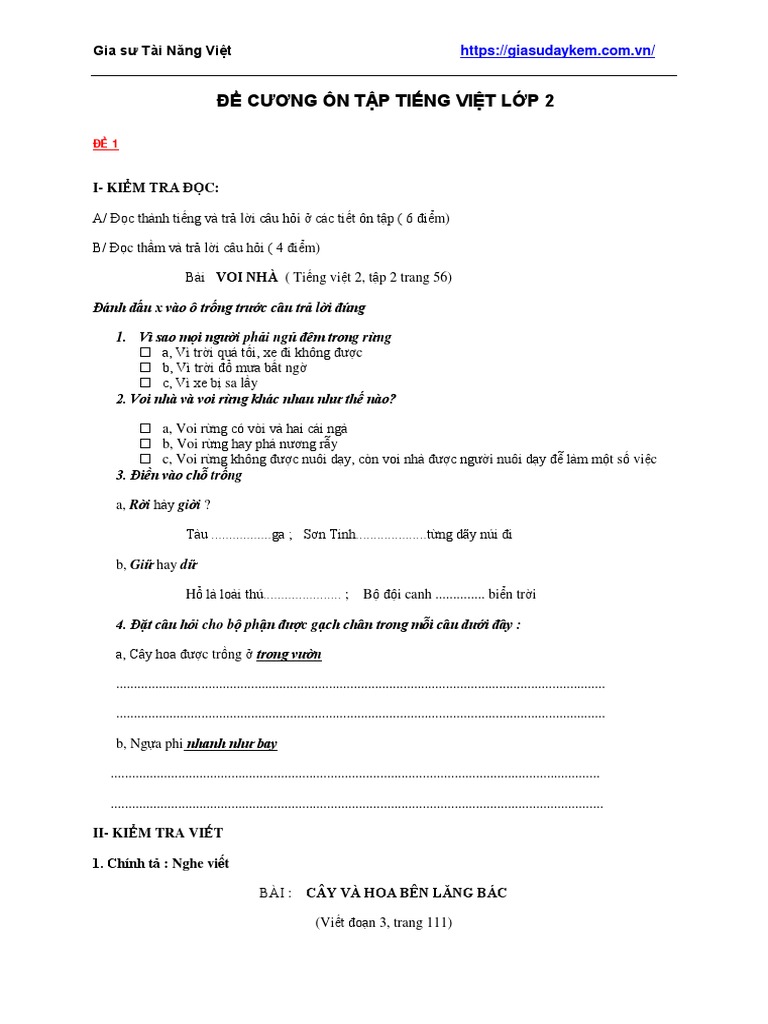 De Cuong On Tap Tieng Viet Lop 2 de Cuong On Tap Tieng Viet Lop 2 | PDF