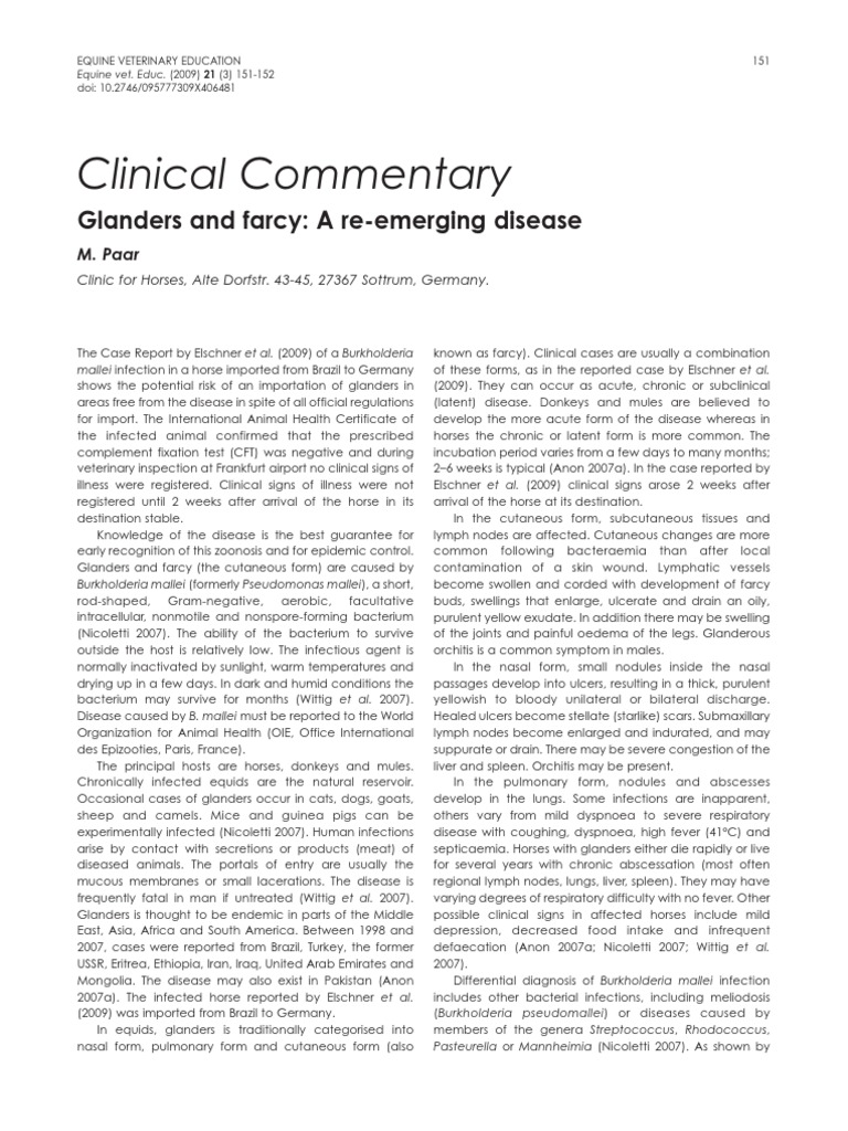 Glander-Farcy - Reemerging Disease - Eq. Vet. Edu. 2009 | PDF | Animal ...
