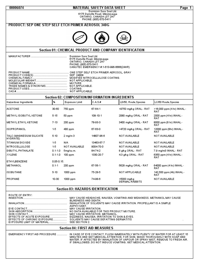 SEP Grey One-Step Auto Self Etch Primer 425G - EN MSDS | PDF | Combustion | Toxicity