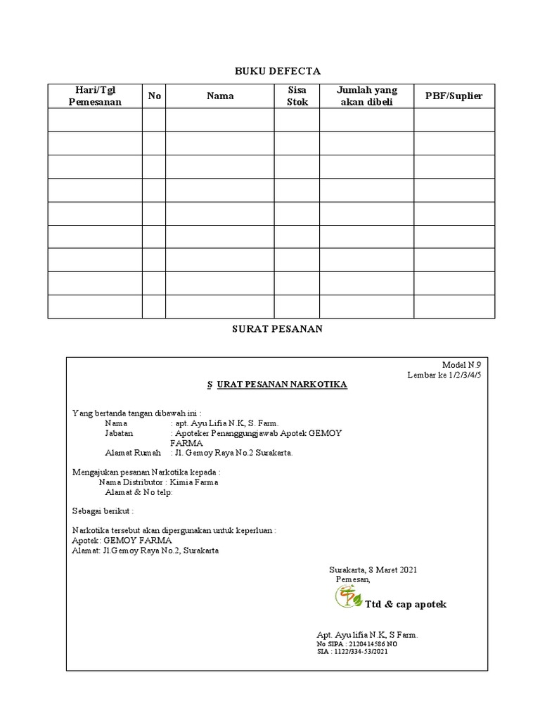 Fungsi dan Contoh Buku Defecta Apotek | PDF