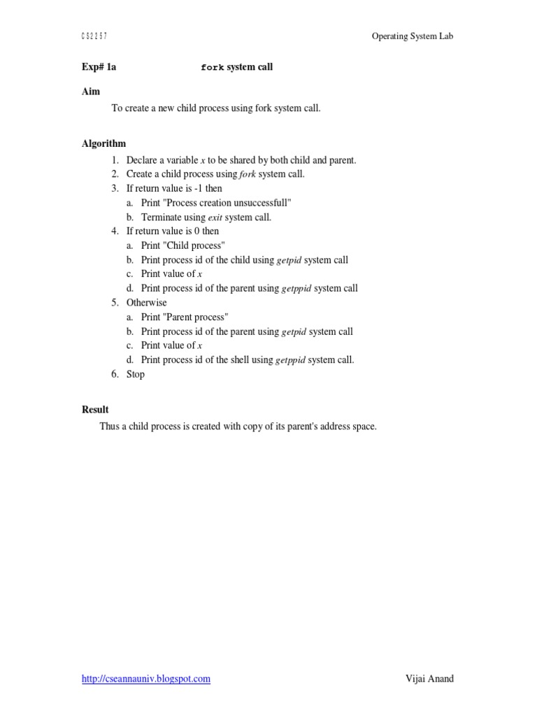 Exp# 1a Fork System Call Aim: CS2257 Operating System Lab | PDF